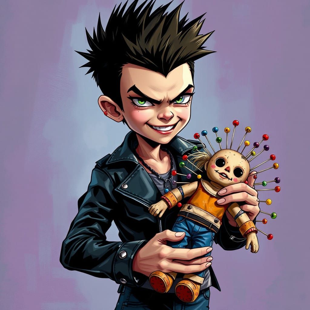 Realistic art A cute looking punk yet evil with a big smirk holding An ...