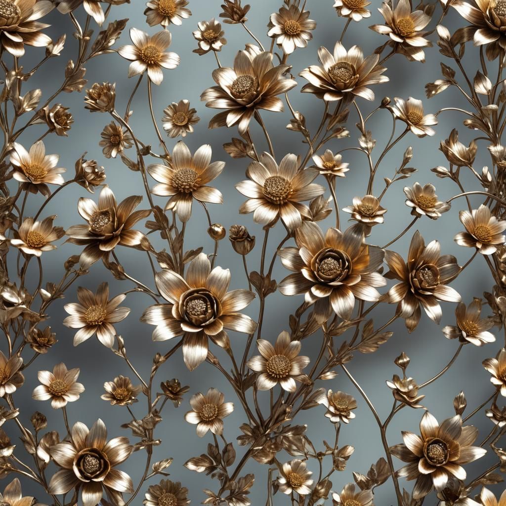 Metallic Sculpture of flowers":"HDRI, ultra realistic, concept art ...