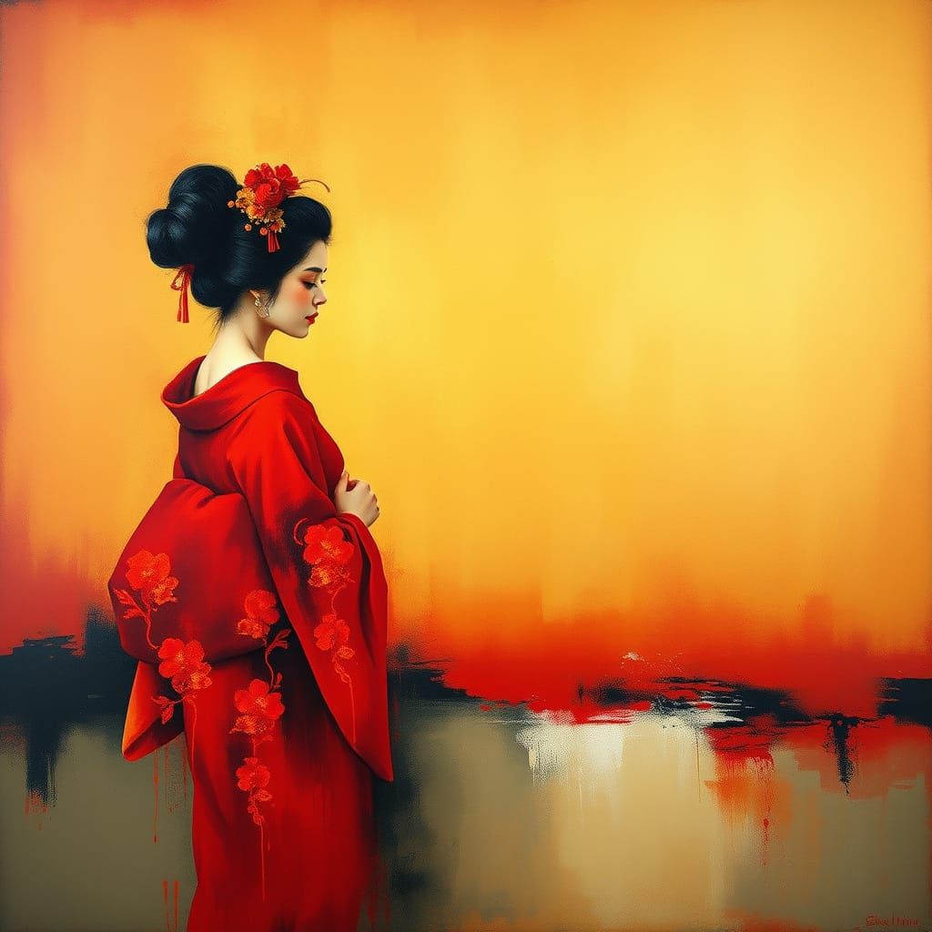 Vibrant Geisha in Golden and Red Abstraction - AI Art