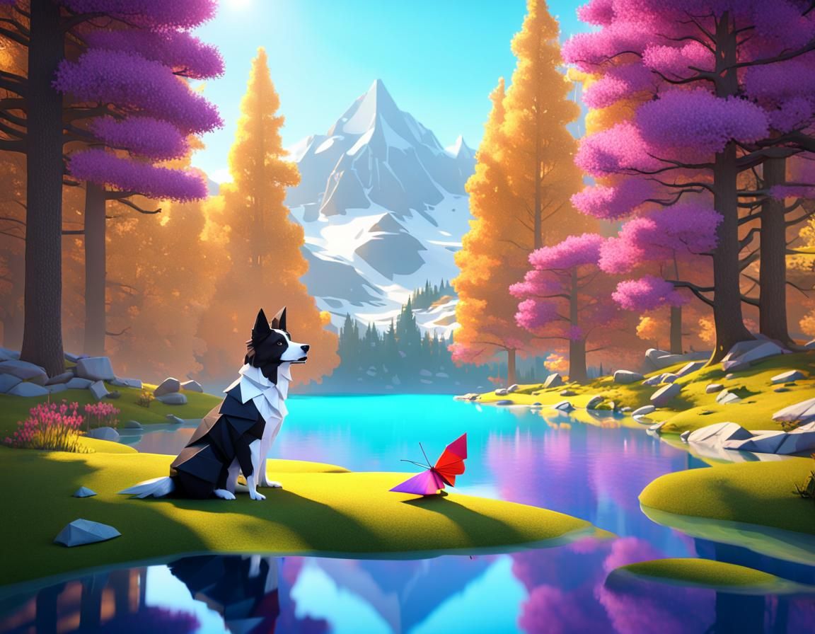 Origami border collie sits happily and watches an origami butterfly in ...