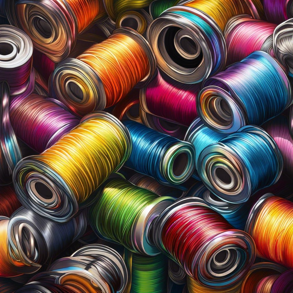 photorealistic spools of colored metallic threads tangling up together ...