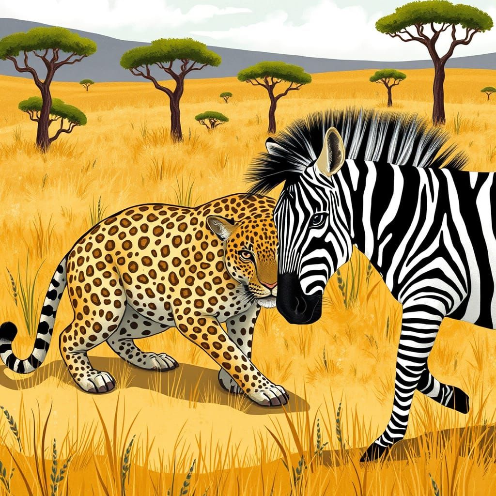 leopard and Zebra. - Dreamlike Leopard Stalks Zebra in Vibr...