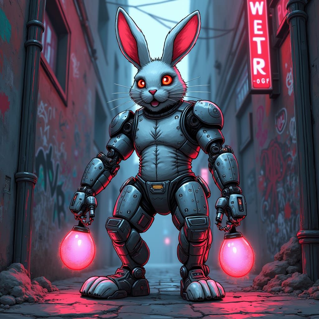 Cyberpunk Easter Bunny in Neon Alley - AI Art
