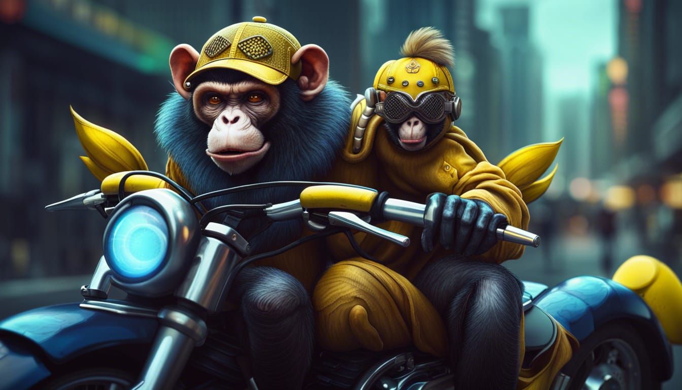 anthropomorphic cyber monkey with banana hat riding a motorcycle - AI Generated Artwork ...