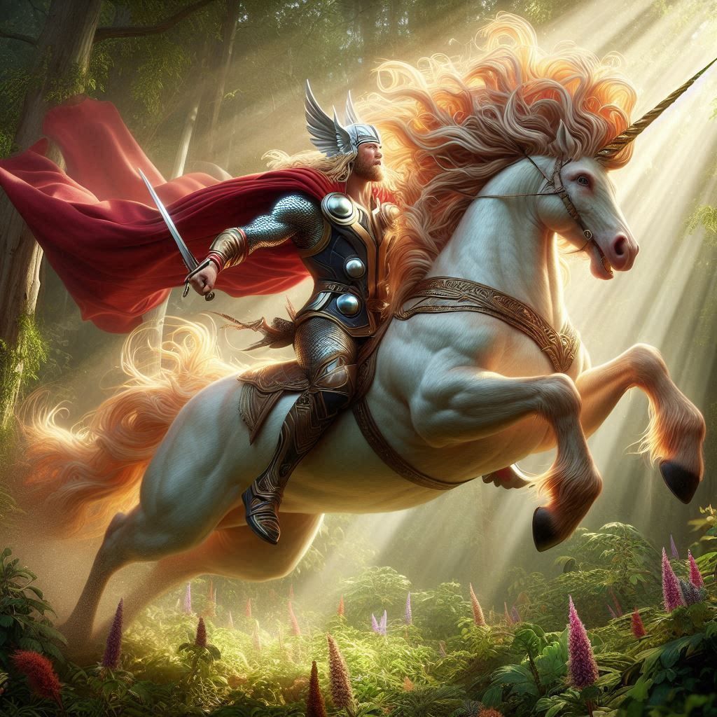 Mythical mashup - Thor riding a Unicorn - AI Generated Artwork ...