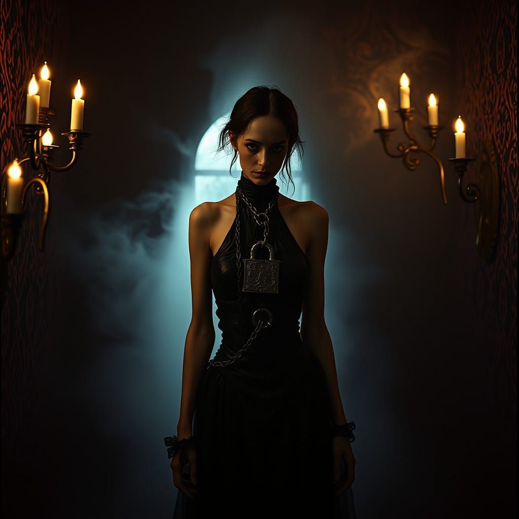 A ghostly, gothic woman with a Victorian-era lether gown, adorned with ...