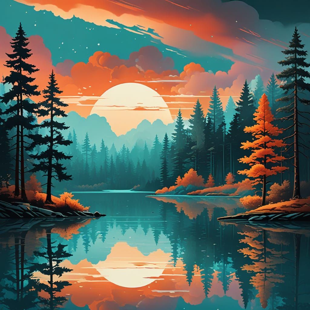 Stylized vector landscape, abstract forest by a lake
