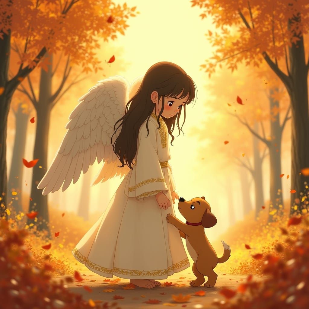 Angel Hugs Animated Autumn Dog in Whimsical Studio... - AI Art
