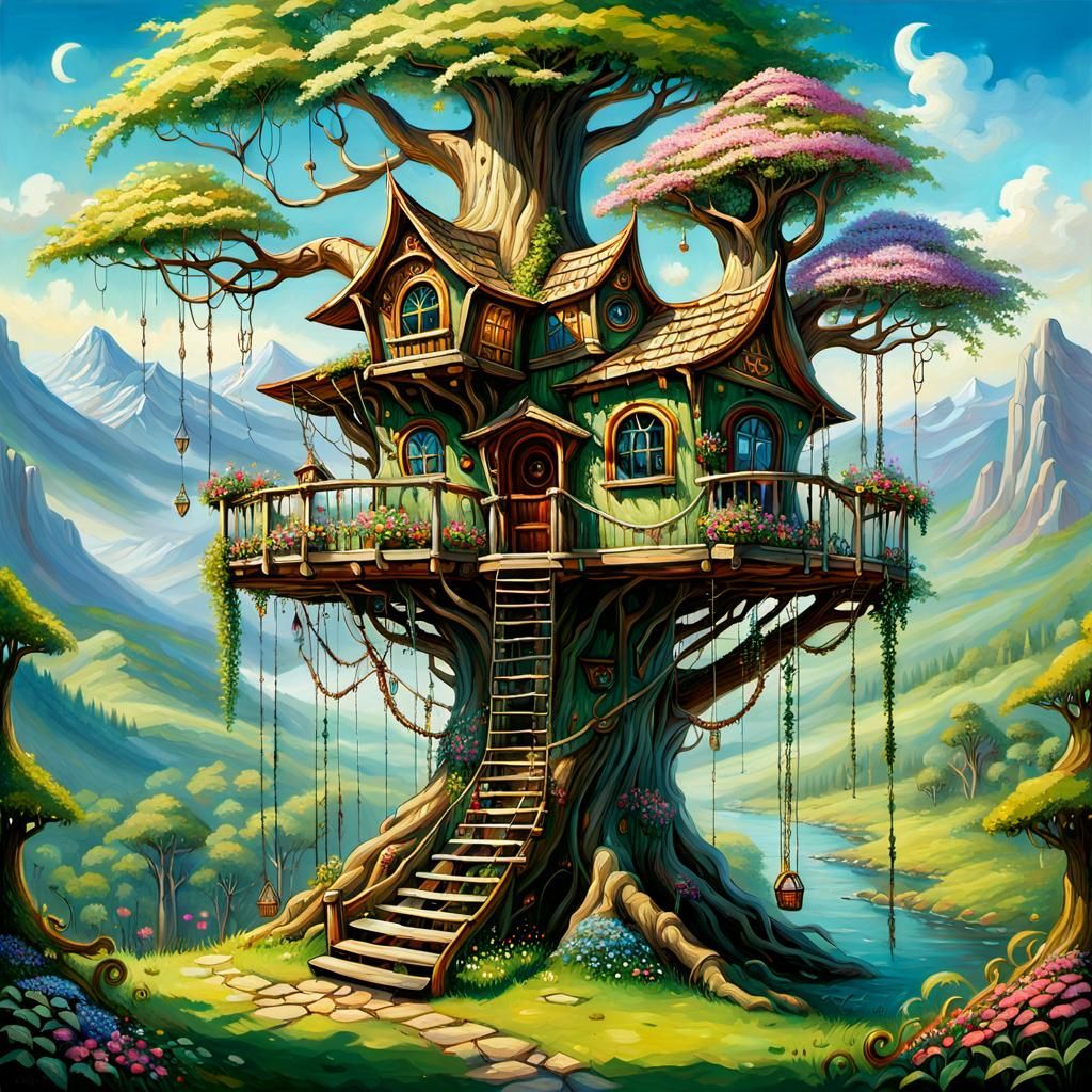 Elven Treehouse - AI Generated Artwork - NightCafe Creator