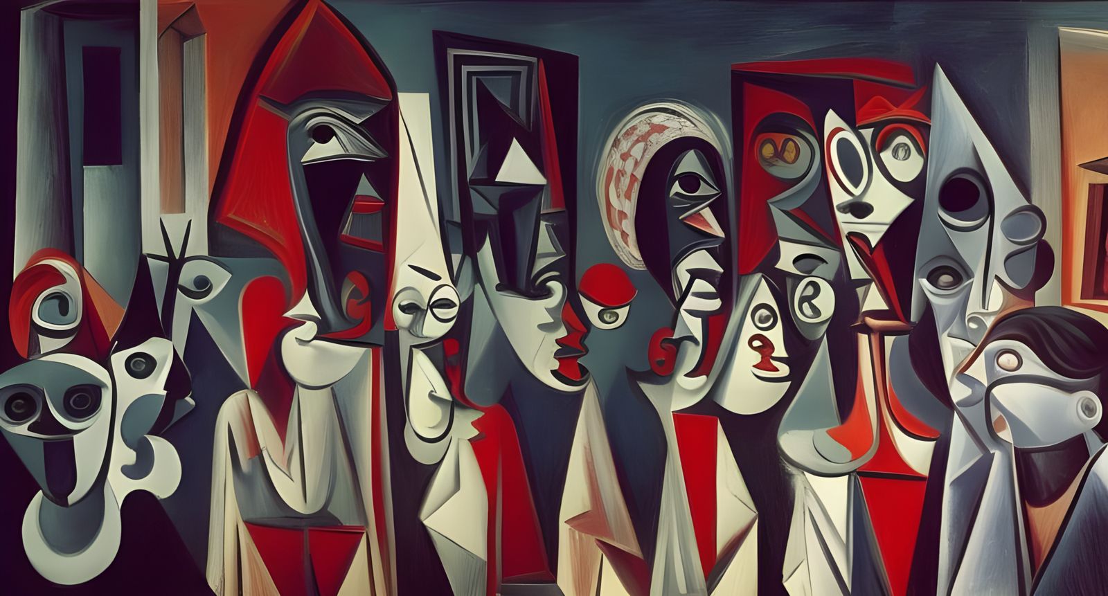 a room full of many noble men and women wearing disfigured and scary ...