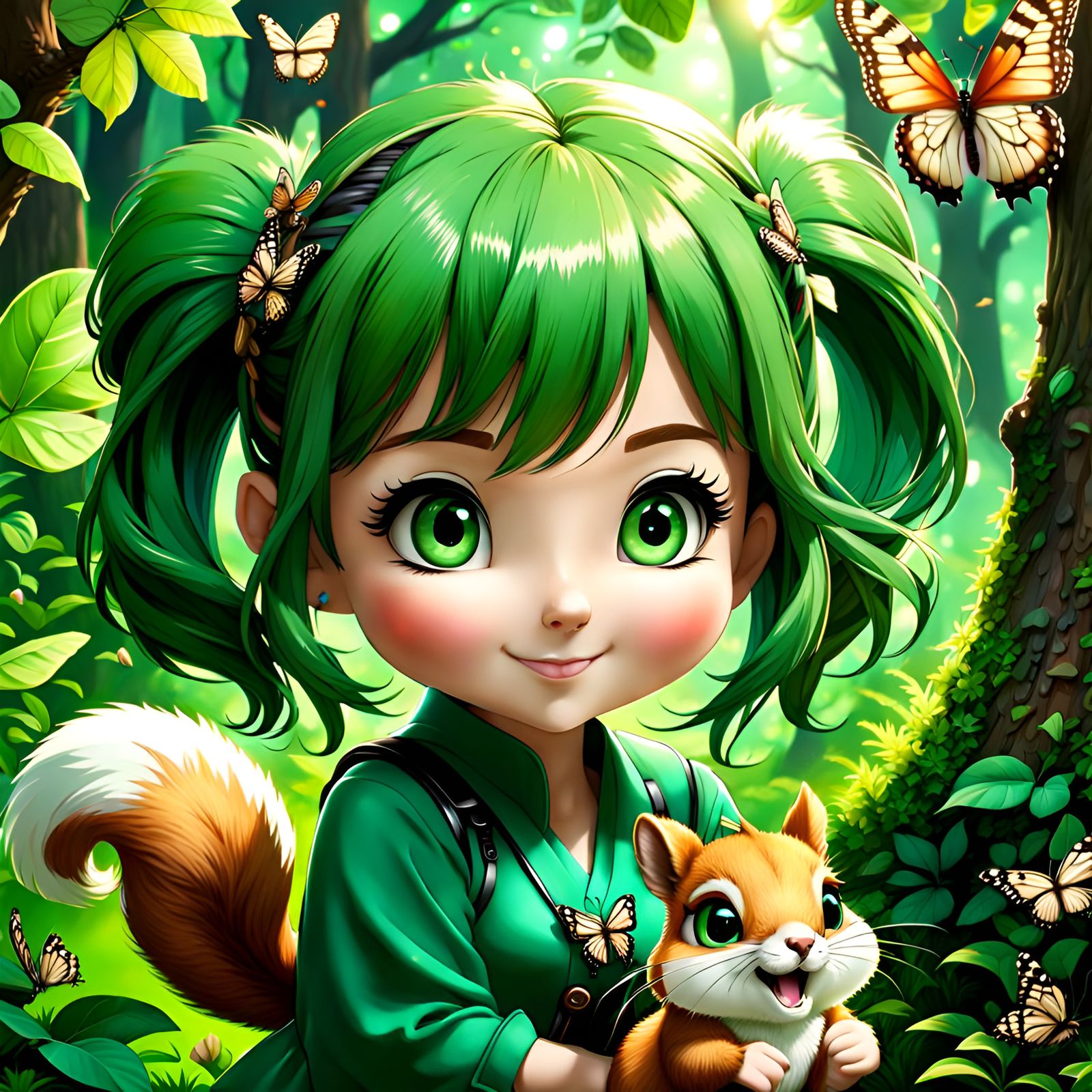 Emerald Chibi Girl Playing With Squirrel - AI Generated Artwork ...