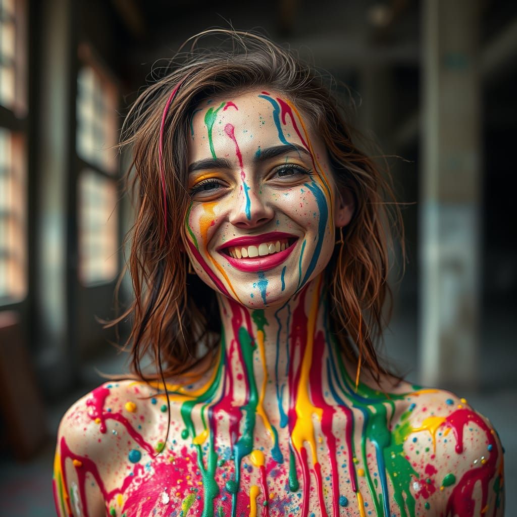 Dripping in Paint - Joyful Model Drenched in Vibrant Paint i...