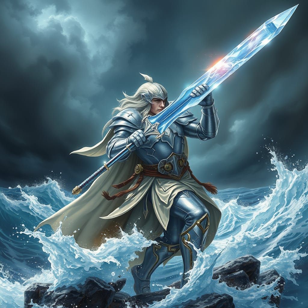 A mighty hero swinging a sword made of water