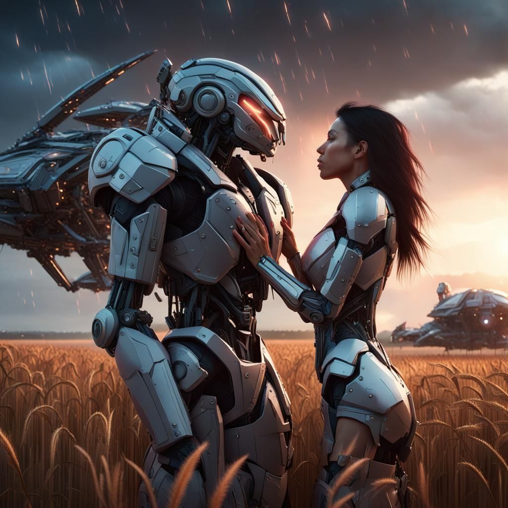 A cyborg man and a cyborg dark-haired woman kiss in a rye field during ...
