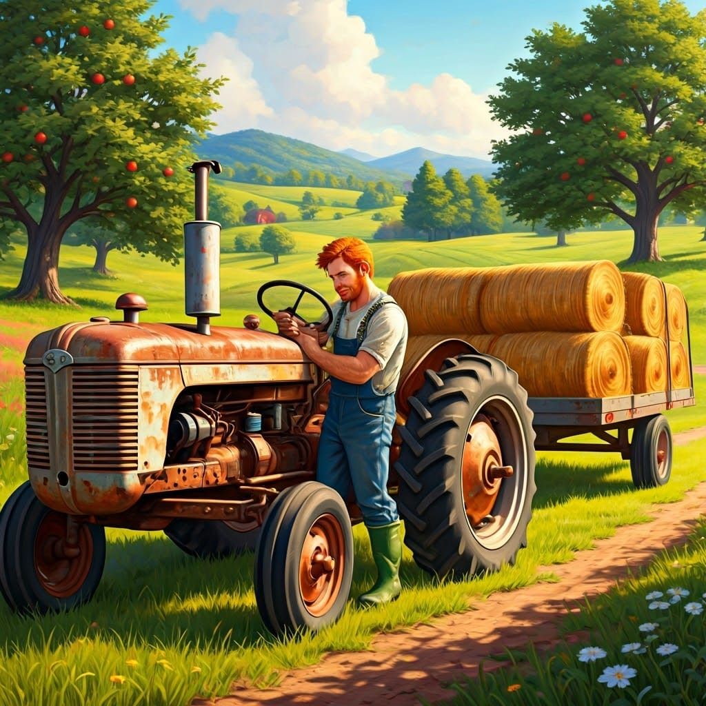 Rugged Farmer Tending to Tractor and Hay Bales in ... - AI Art