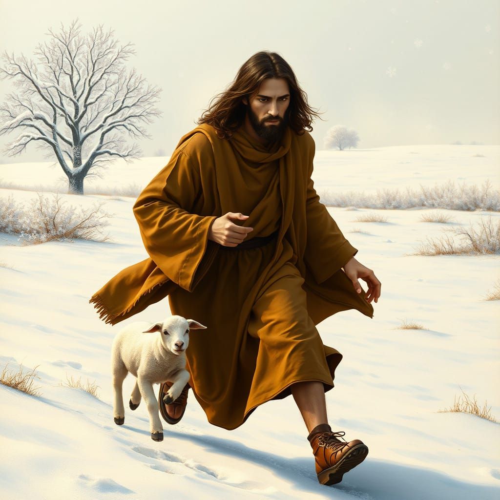 Jesus Pursues a Fragile Lamb in a Winter Wonderlan... - AI Art