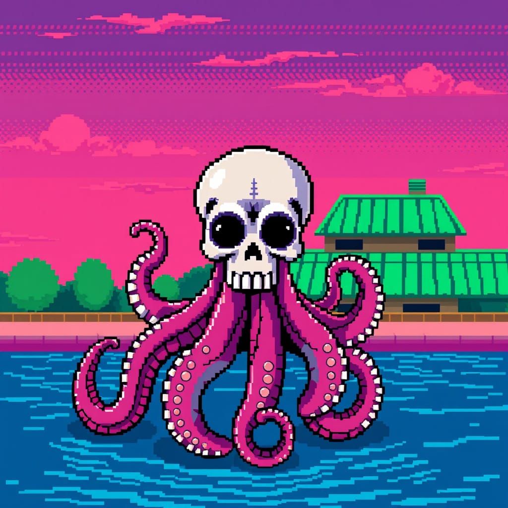 pixel art of an octopus coming out from the bottom left side of a pool ...