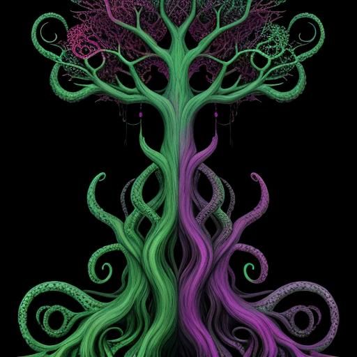 Tentacle-y Spirit Tree of Cthulhu deep color psychedelic art entangled - AI Generated Artwork ...