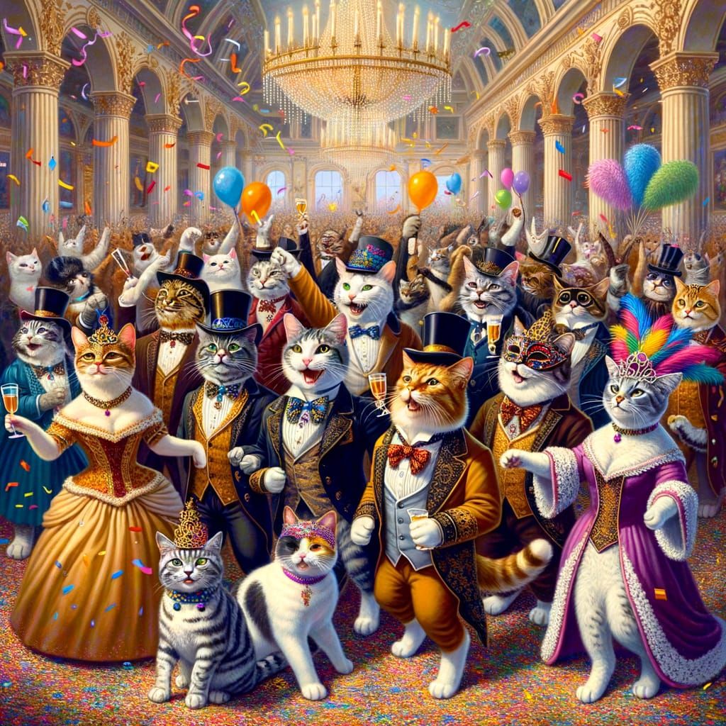 Vibrant Carnival Cats in Elegant Gowns Dance in a ... - AI Art