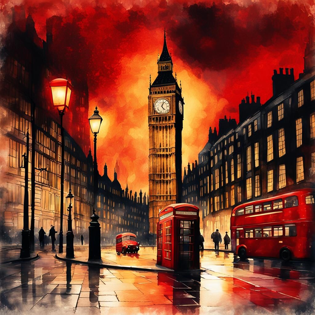 Timeless London Streetscape with Antique Bus and B... - AI Art