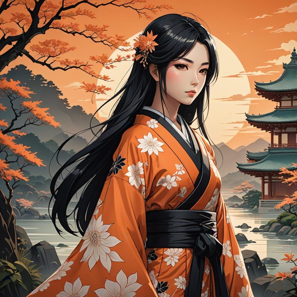 Serene Heian Era Girl in Jugendstil Orange Kimono - AI Art