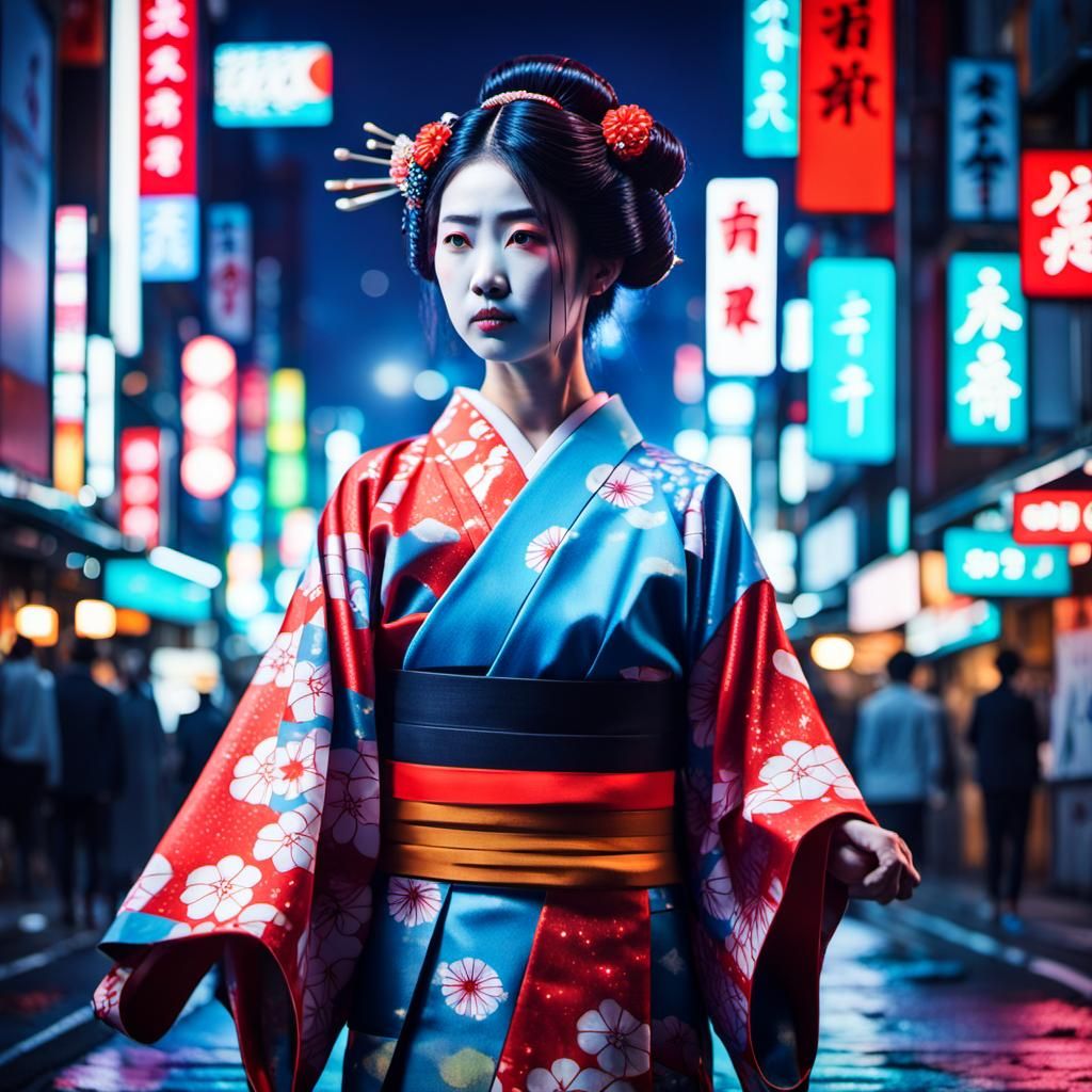 ICHIKA MIA - Vibrant Tokyo Geisha Under Neon Lights