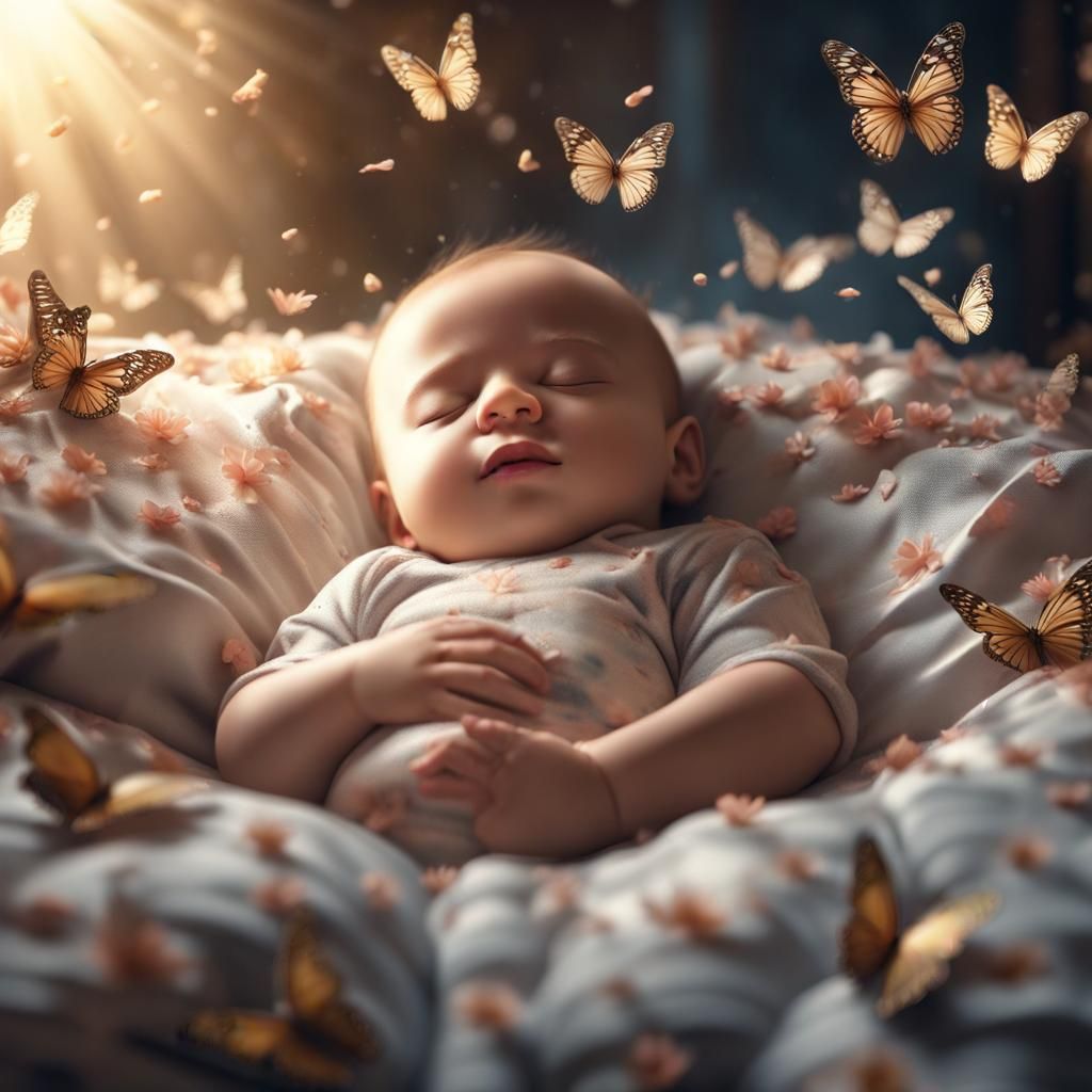 Sleeping baby on a pillow with butterflies and petals around. Sun rays ...
