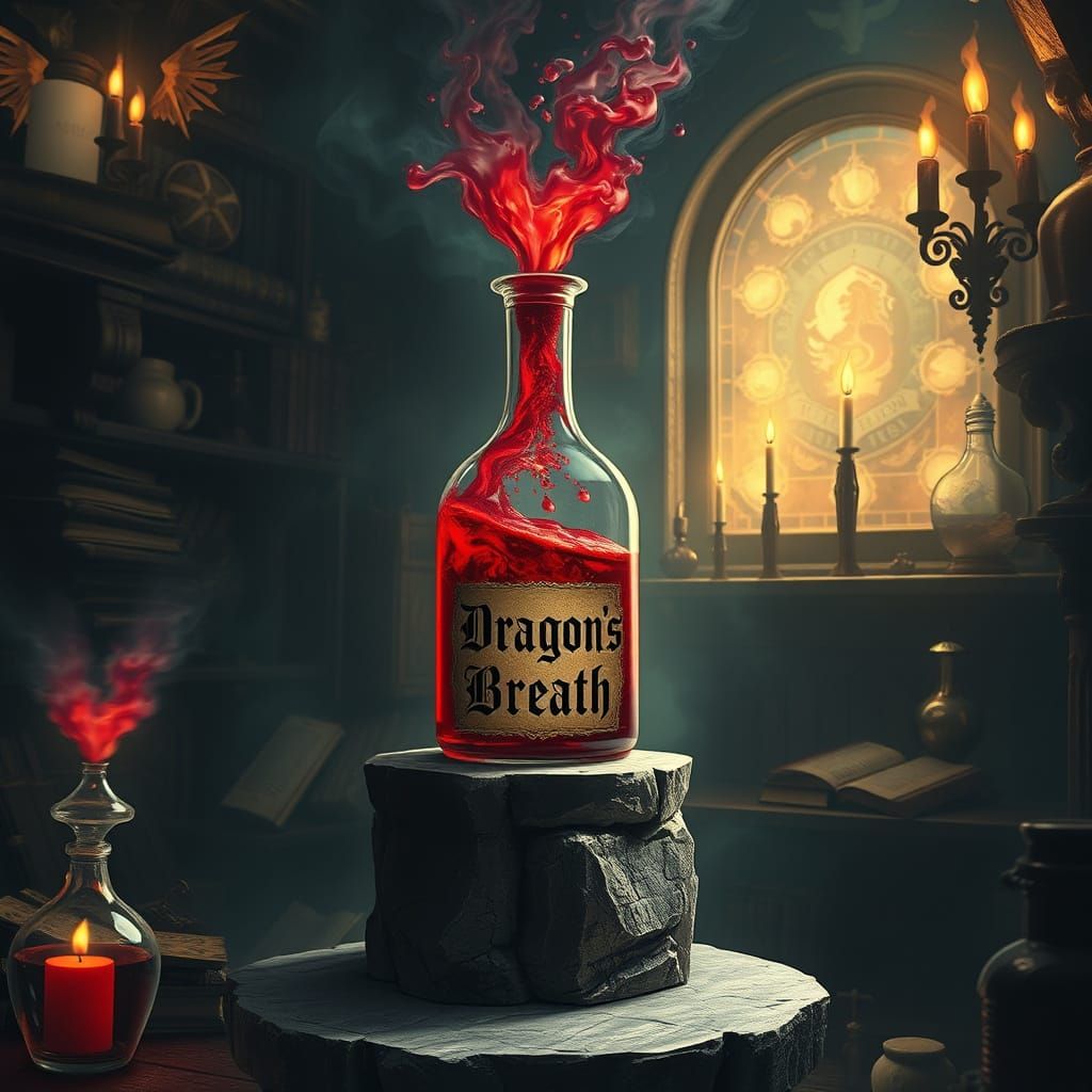 Fiery Potion in Dark Alchemist's Chamber - AI Art
