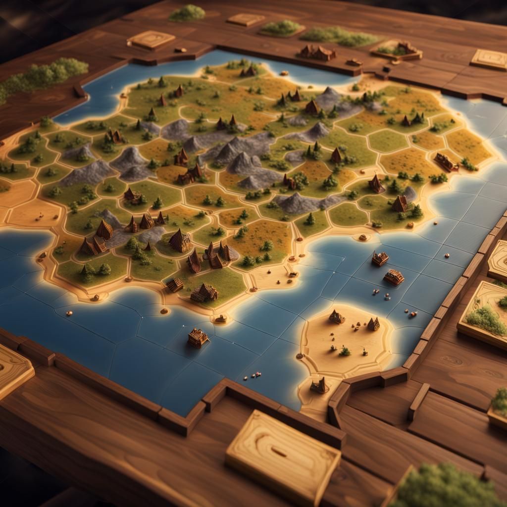 Catan game map on a wooden table - AI Generated Artwork - NightCafe Creator