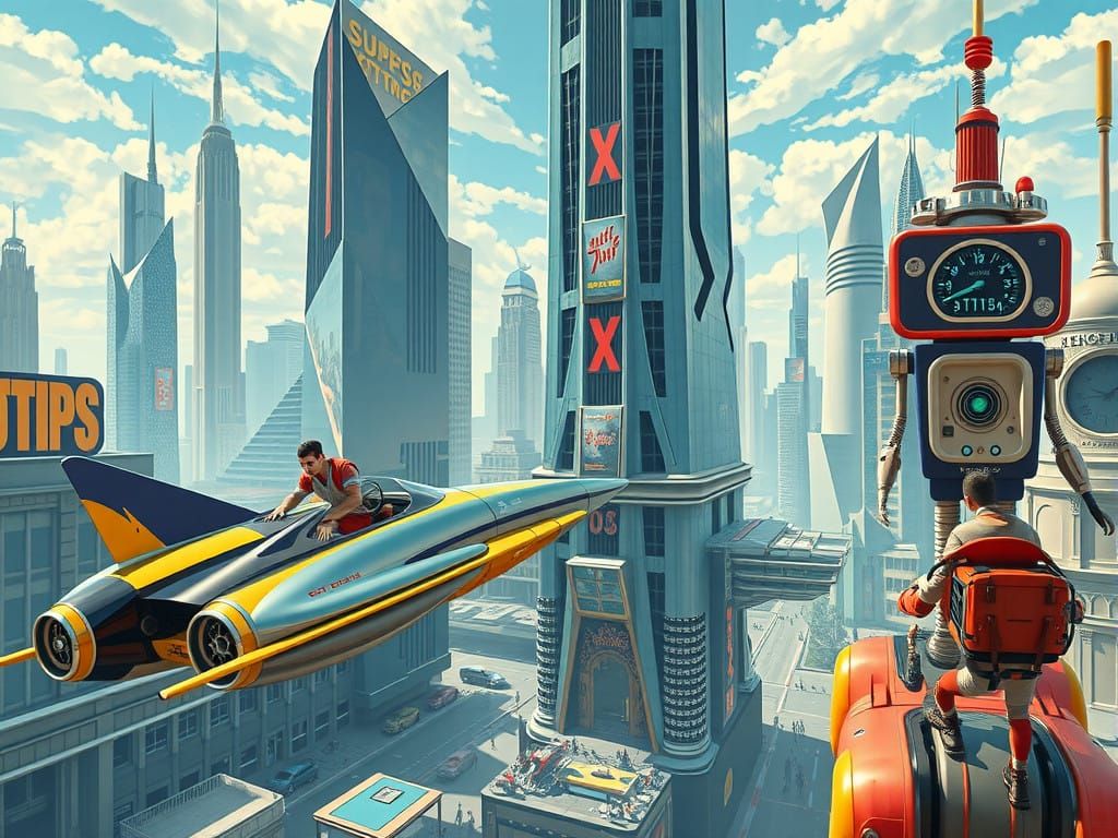 1960s vision of the year 2020 with retro flying cars, hoverboards, bold ...