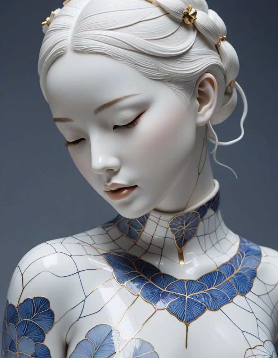 Elegant Kintsugi Porcelain Statue in Soft Blue and... - AI Art