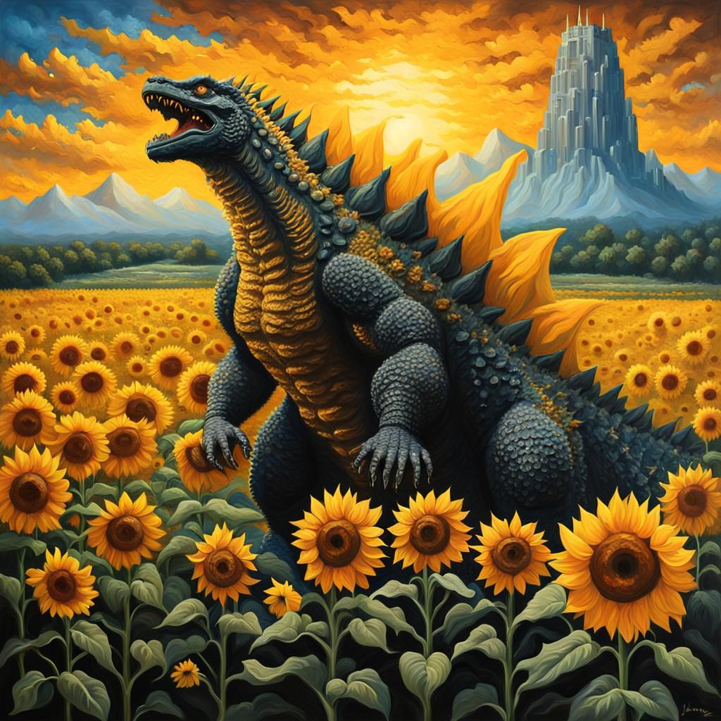 A towering Godzilla, surrounded by a field of vibrant sunflowers. - AI ...