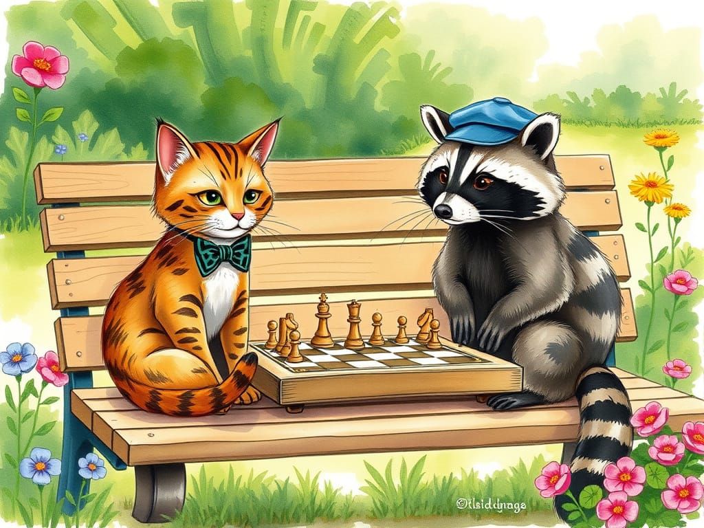 Storybook picture of Cat and Raccoon playing chess