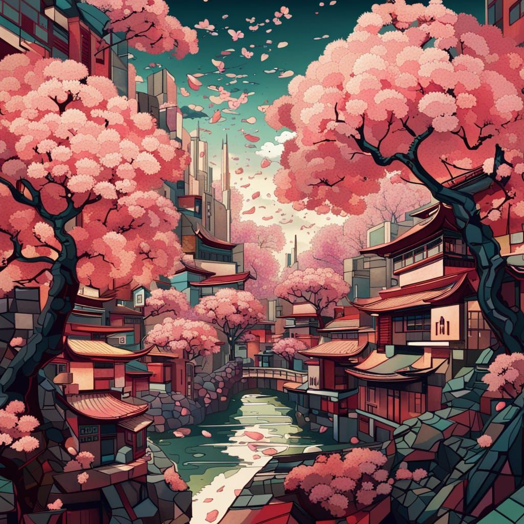 Japan, cherry blossom trees, biomorphic, analytical cubism, art deco ...