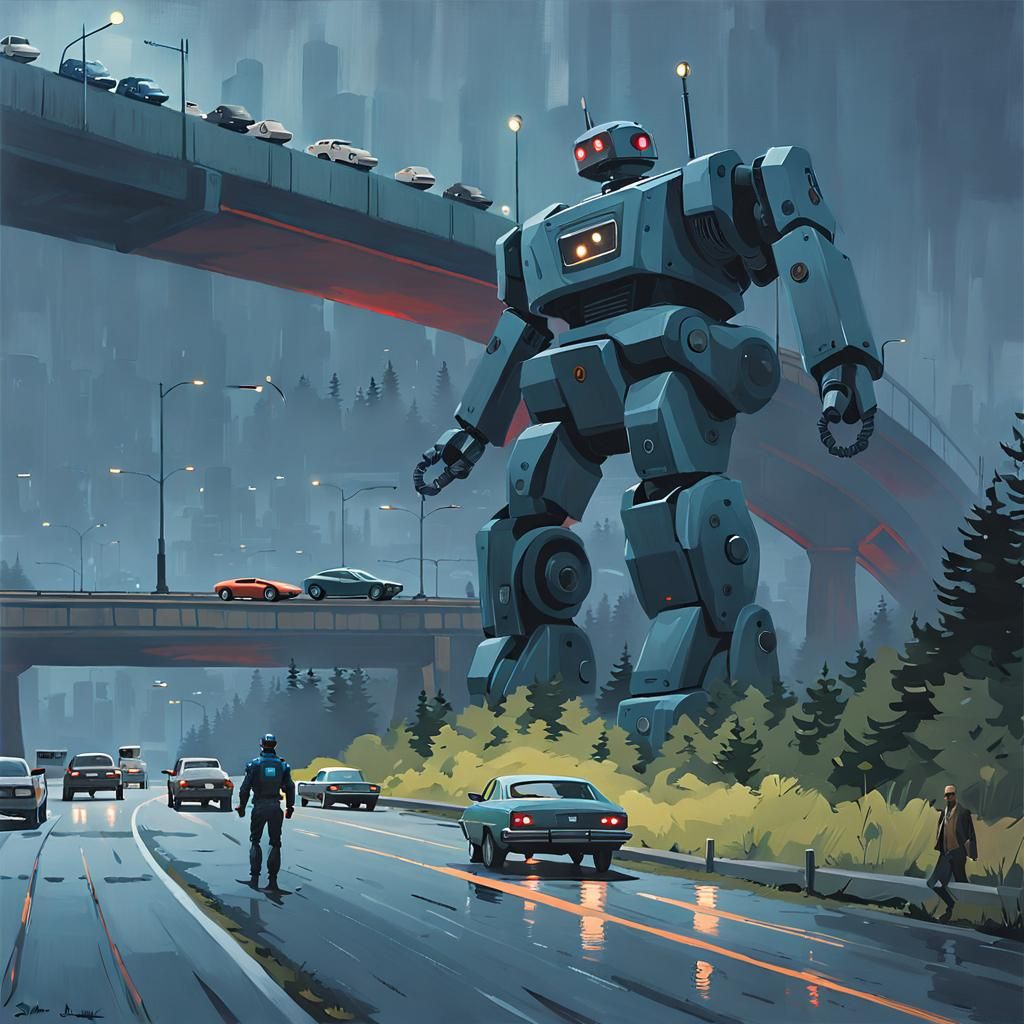 action scene, robot giant standing near freeway overpass, stomps on ...