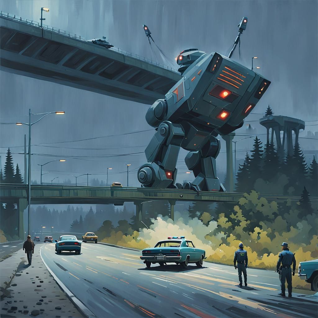 action scene, robot giant standing near freeway overpass, stomps on ...