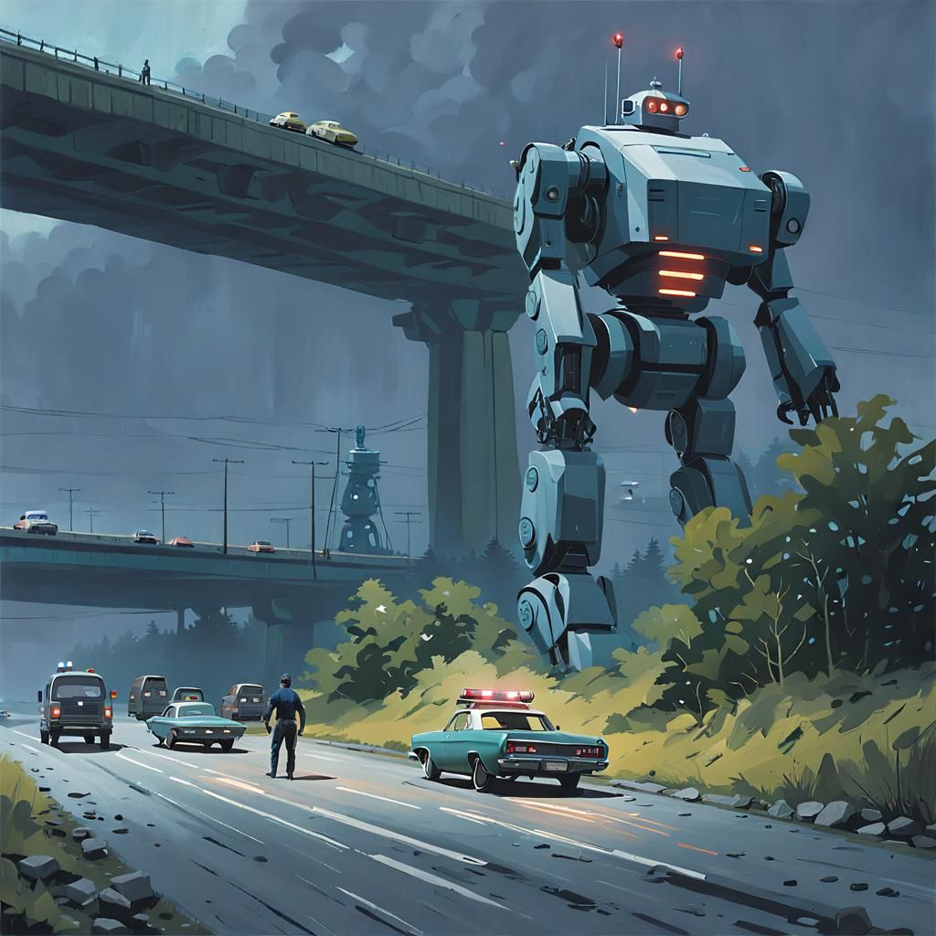 action scene, robot giant standing near freeway overpass, stomps on ...