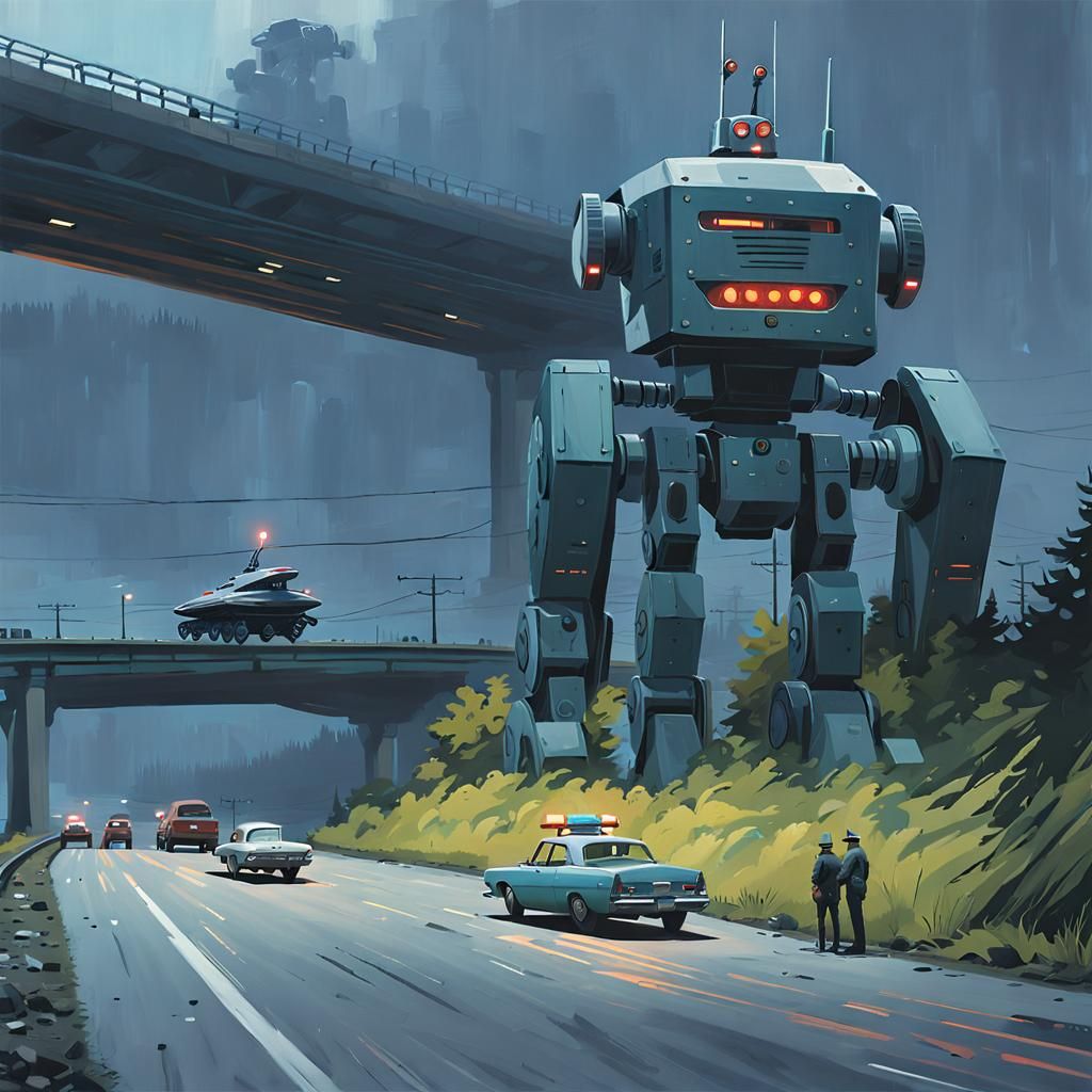 Giant Robot Stomps on Cars in Urban Chaos - AI Art