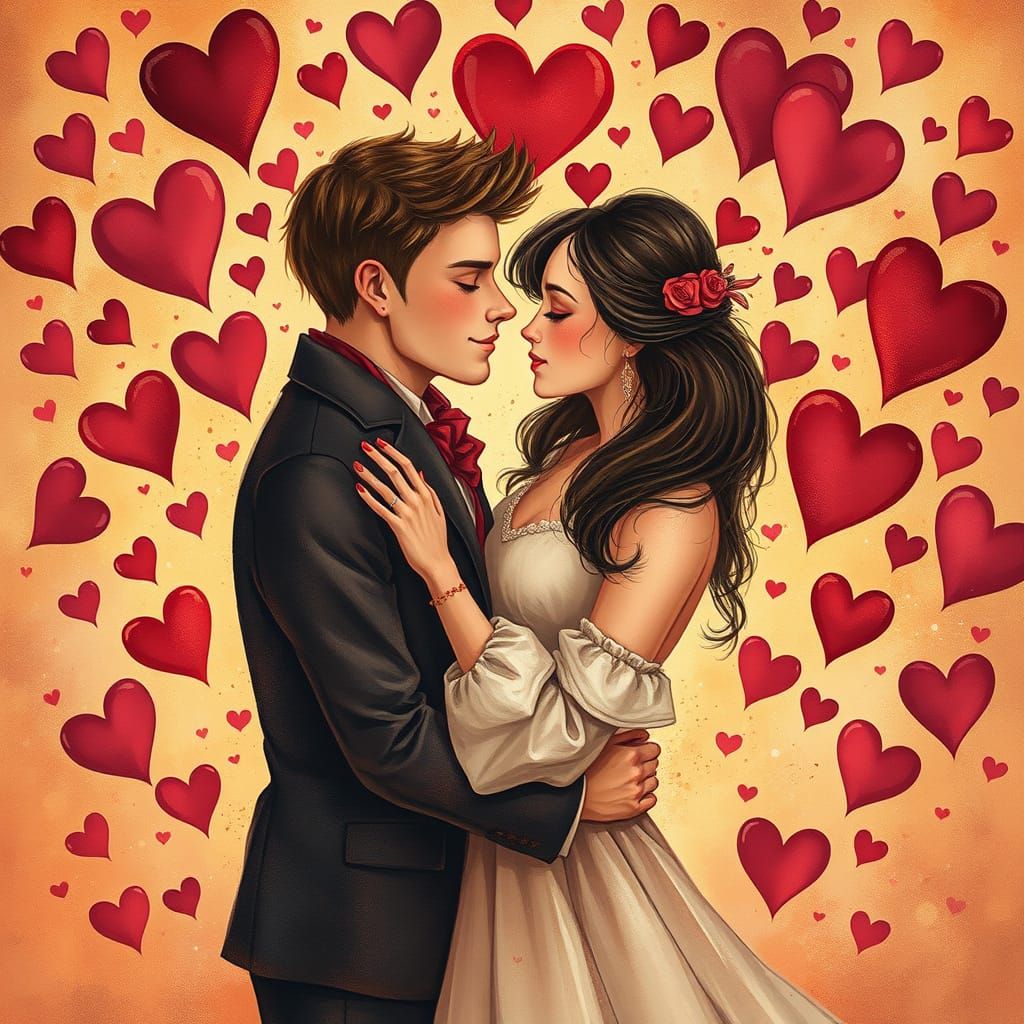 Romantic Couple in a Whimsical Burgundy Heart Expl... - AI Art