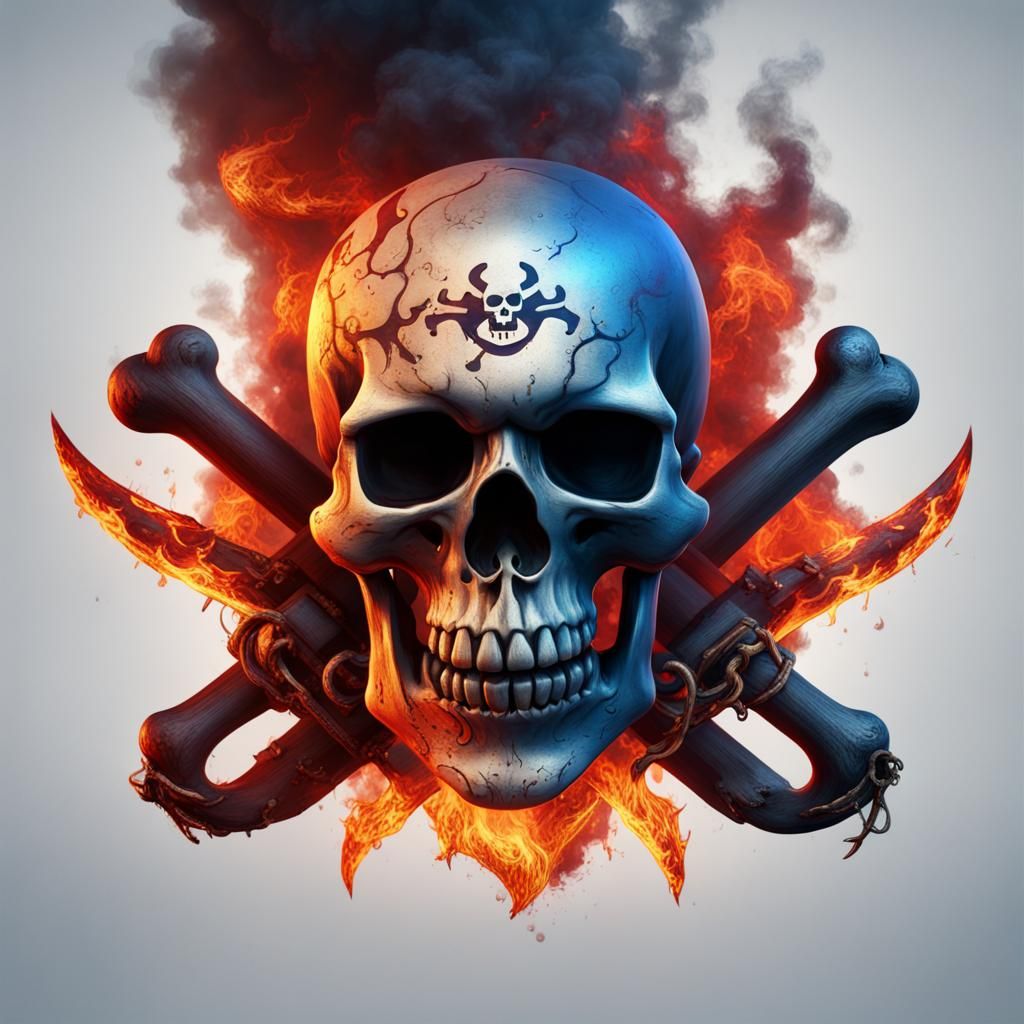 Jolly Roger with skull and crossbones with flames going from red to ...