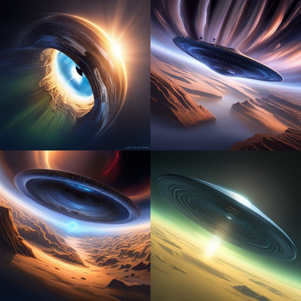 A beautiful matte painting of a UFO going through a wormhole portal ...