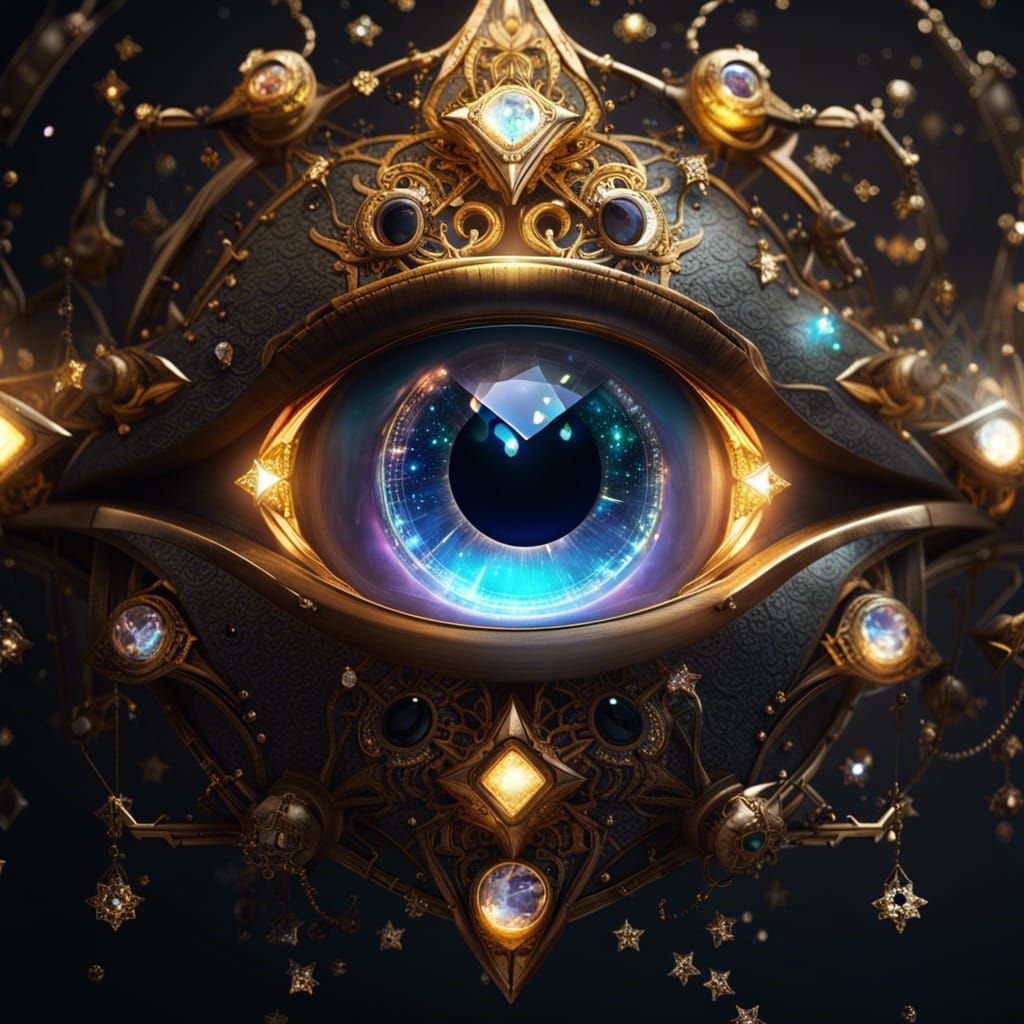 Beautiful magical eye with glowing crystals and diamonds around it and ...