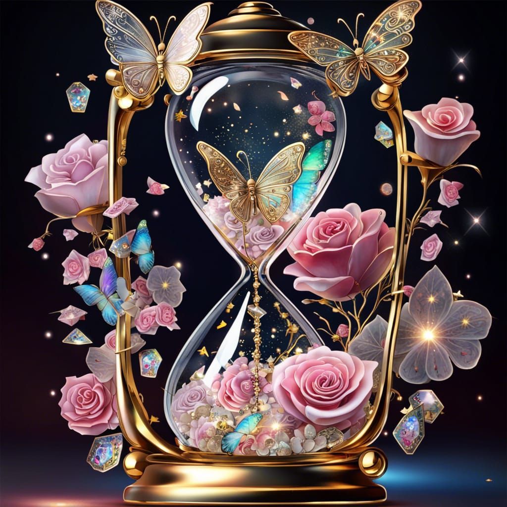 Enchanted Crystal Hourglass with Roses and Butterflies