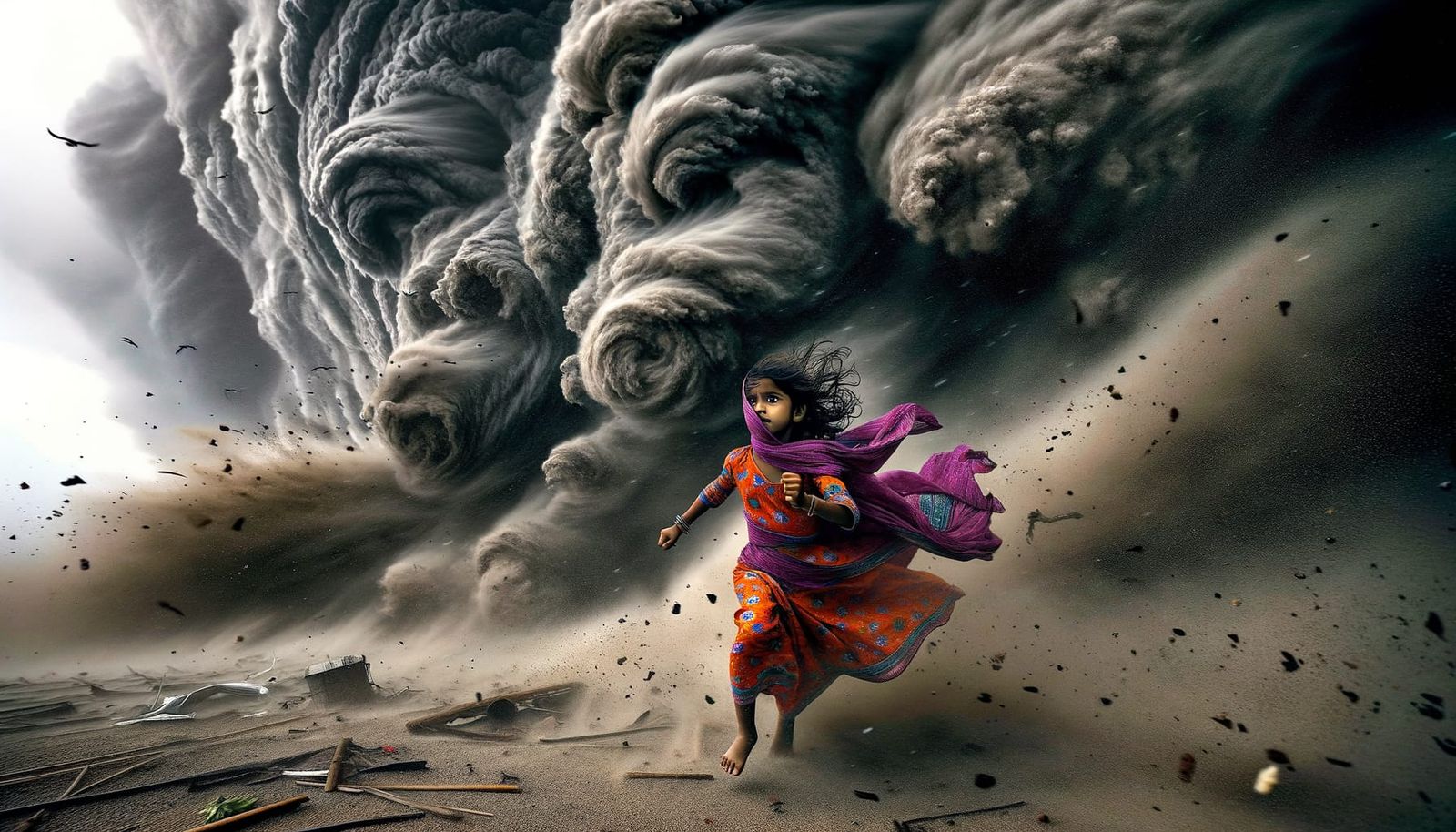 A little girl carried away by a horrible storm
