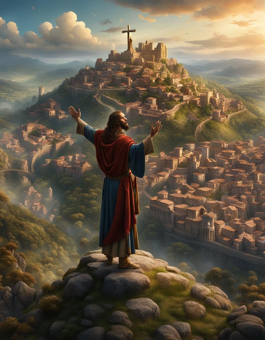 Pre-Raphaelite Jesus gesturing upwards to a city set on a hill - AI ...