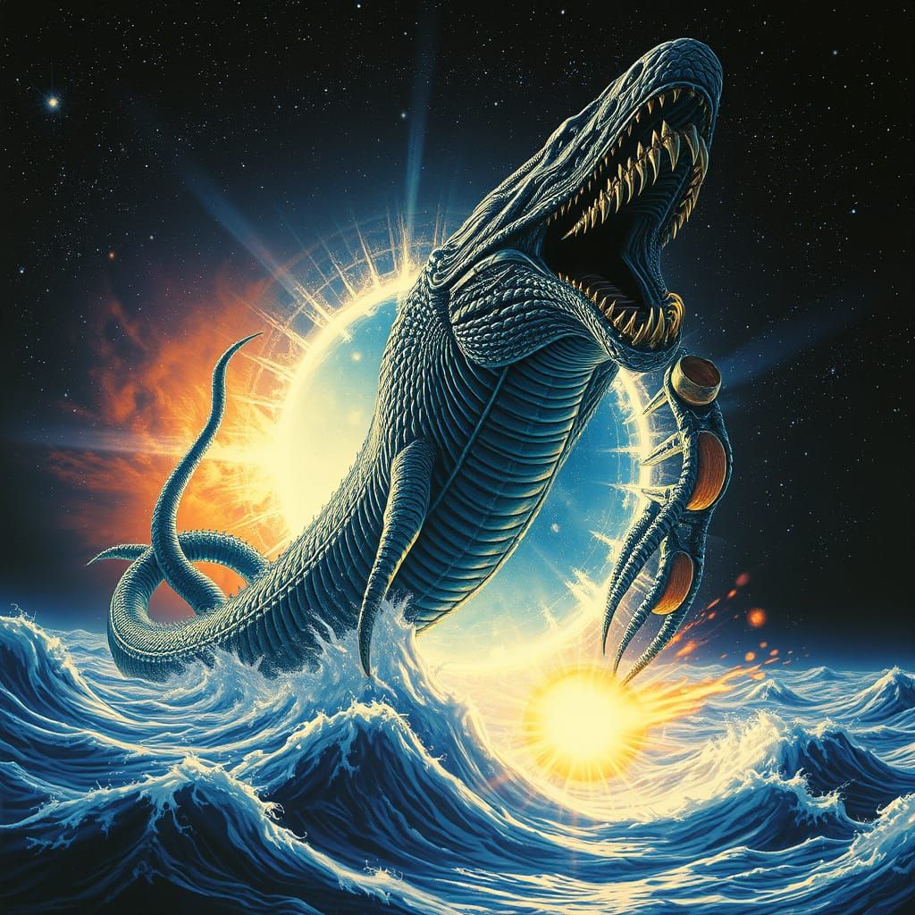 Leviathan breaching through portal between ocean and stars
