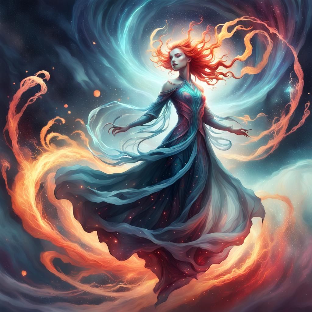 A majestic, humanoid female wind Elemental, crafted from glowing liquid ...