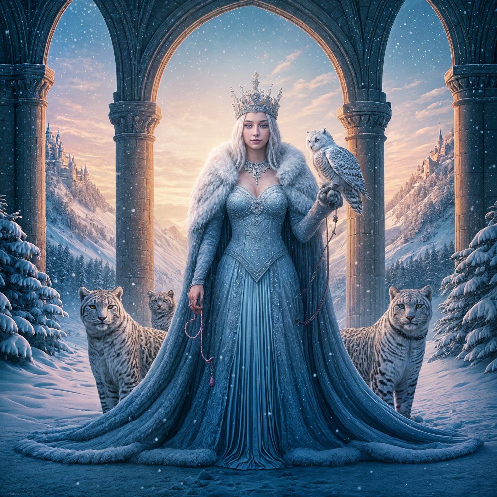 Regal Snow Queen Guards Majestic Castle Entrance w... - AI Art