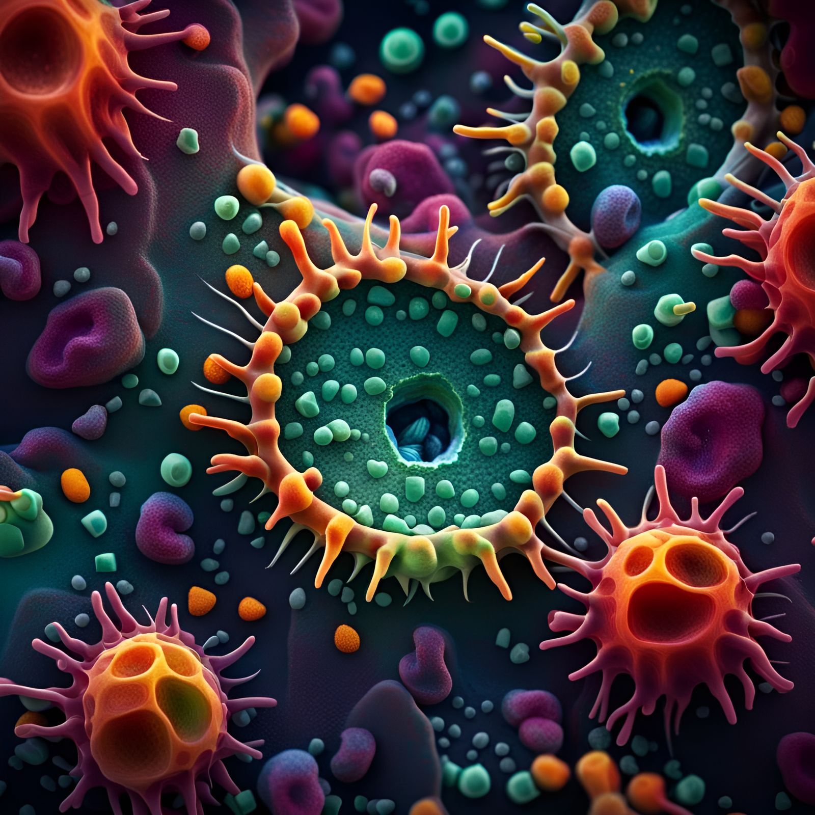 high resolution microscopic photo of cells. inside one of the cells is ...