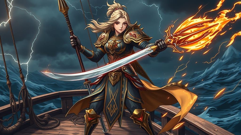 Aasimar-woman paladin wielding a curved katana with a shimmering glow of power in the right hand ...